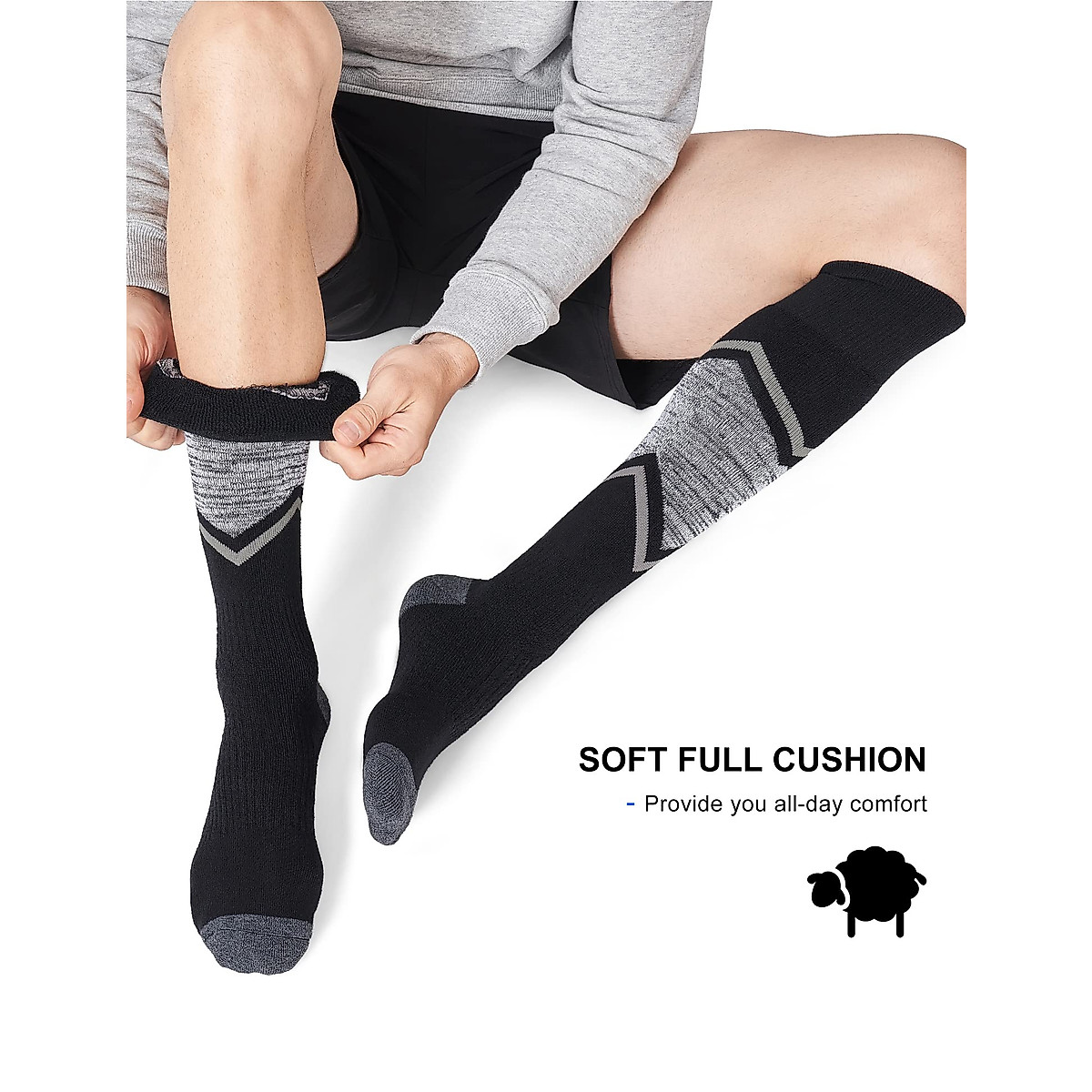 FITRELL 2 Pack Men's and Women's Ski Socks Full Cushioned Winter Merino Wool Thermal Knee High Warm Boot Socks for Skiing Snowboarding, Black+Grey, X-Large