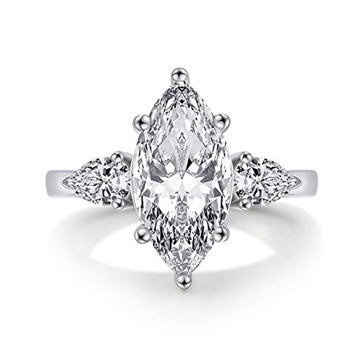 AINUOSHI Rhodium Plated 925 Sterling Silver Marquise Solitaire Cubic Zirconia CZ 3-Stone Anniversary Engagement Wedding Ring (6.5)