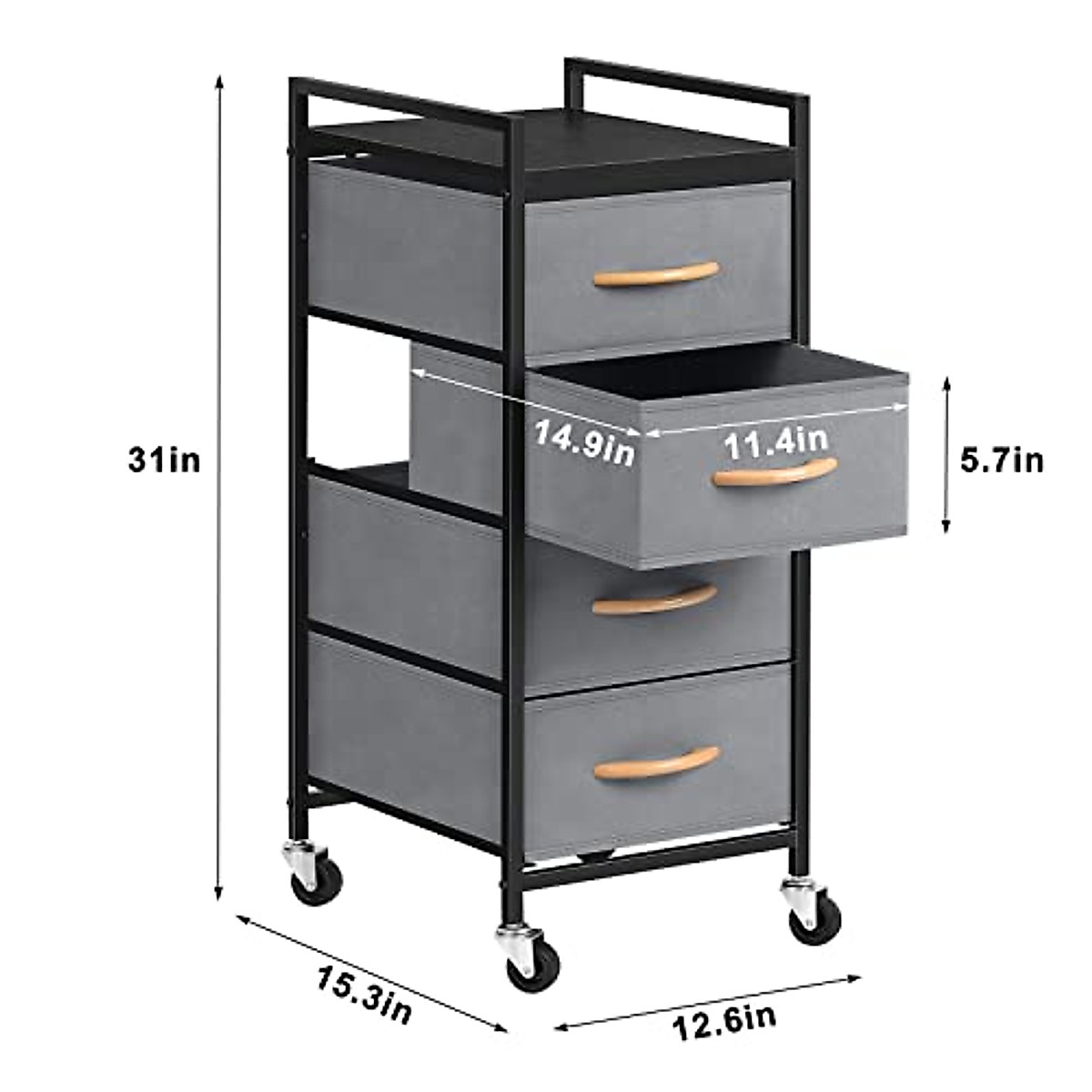 Drawer Dresser for Bedroom Fabric Storage Dresser with 4 Drawers Tower Tall Nightstand Chest of Drawers with Wood Top and Steel Frame Organizer Unit for Closet Living Room Hallway Entryway (Grey)