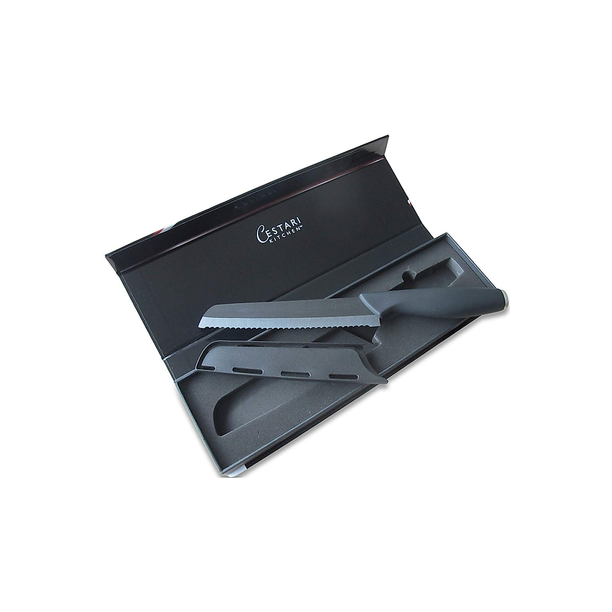 Cestari Advanced Ceramic Knife - Razor Thin Slices -Serrated Bread Knives - Never Needs Sharpening - Black Mirror Finish - Specialty Knives - Tomato Knife with Safety Sheath in Luxury Gift Box