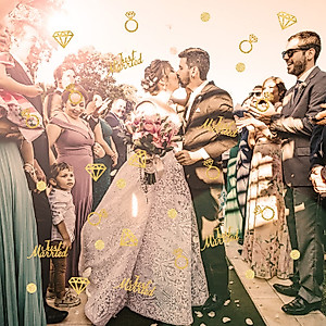 AIEX 300pcs Gold Wedding Table Confetti, Glitter Paper Confetti Just Married Diamond Ring Dots Confetti Table Decorations for Bridal Shower Wedding Bachelor Party