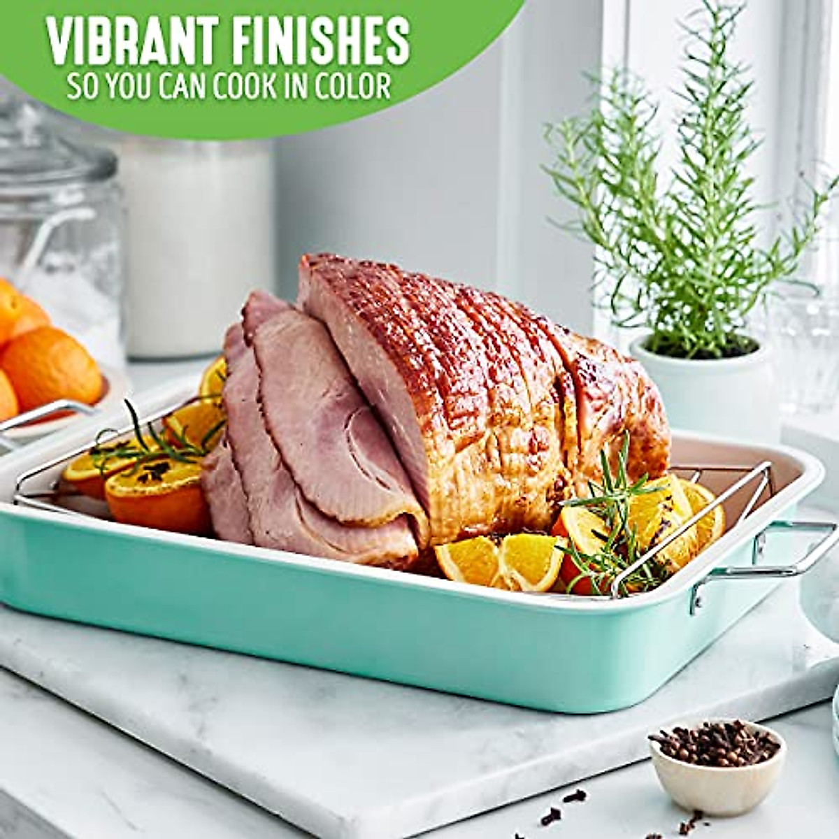 GreenLife Soft Grip Healthy Ceramic Nonstick, 16.5" x 12" Roasting Pan with Stainless Steel Roaster Rack, PFAS-Free, Dishwasher Safe, Turquoise