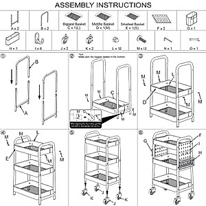 3 Tier Rolling Utility Cart - Metal White Cart Organizer with Wheels, Book Cart with DIY Dual Pegboards, Removable Baskets Hooks