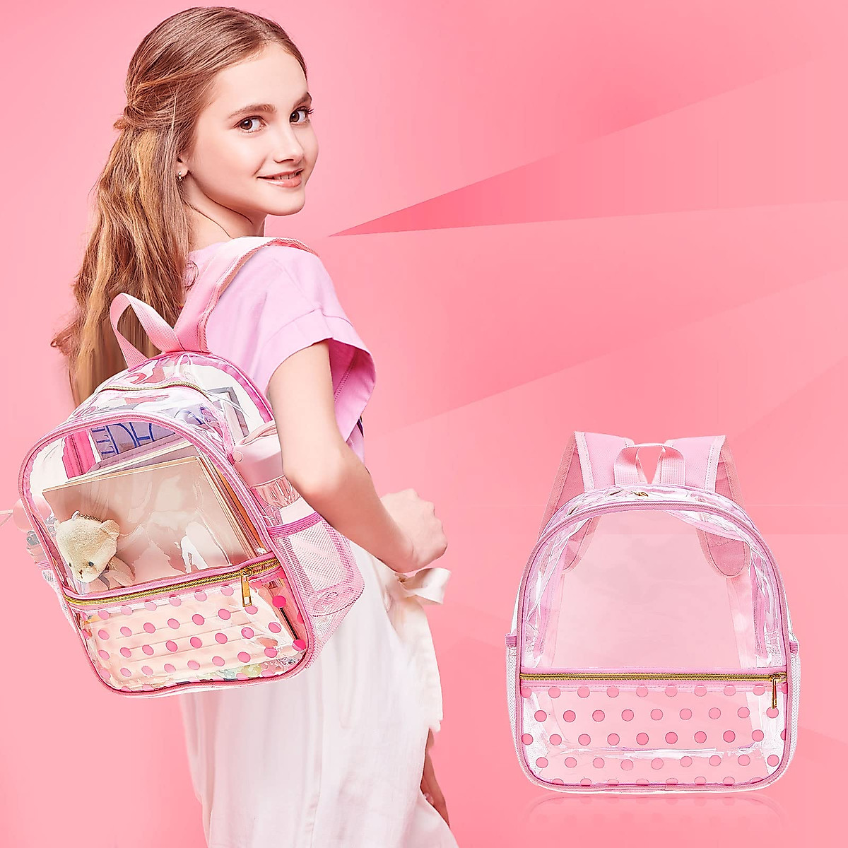 2 Pcs Pink Clear Backpack Stadium Approved Backpack Set 12 x 12 x 6 Inch Transparent Mini Backpacks See Through Backpacks for Stadium, Concert, Sports, School