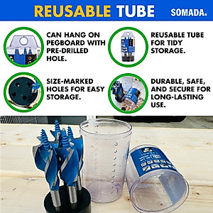 SOMADA Auger Drill Bit Set for Wood, 5-Piece, 1/2", 5/8", 3/4", 7/8" and 1" Inch Size, 4-Inch Long with Storage Case, Impact Wood Auger Set with Quick Change