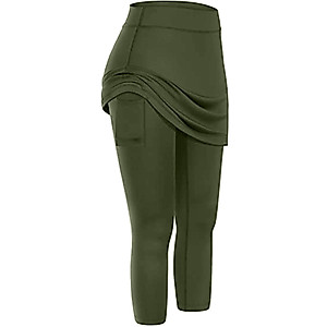 Legging Skirted Pockets Tennis Elastic Capris Women Yoga Skirts Sports Seamless Yoga Pants for Women Plus Size Army Green