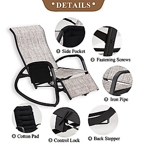 Patio Rocking Chairs with Armrest&Pockets Rocker Lounger with Removable Cotton Pads Suitable for Patio, Garden and Lawn (Black)