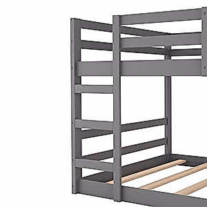 Bunk Beds Full Over Full Low Bunk Bed Frame Wood Floor Bunkbed for Kids Toddlers Boys Girls Teens’ Bedroom Dorm, Gray
