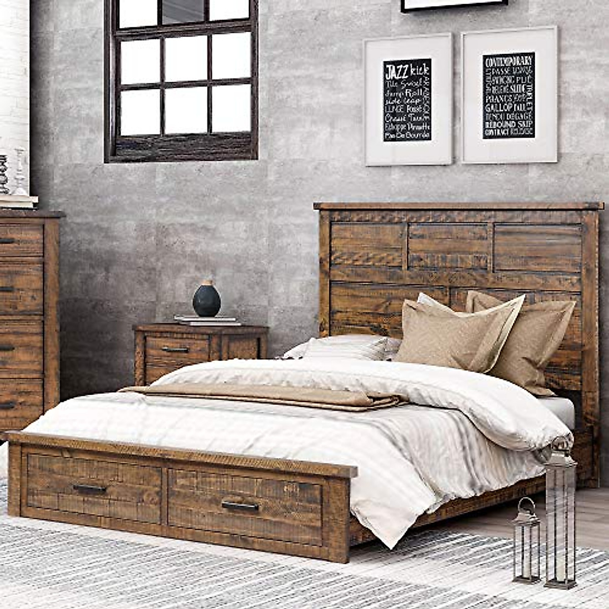 HBRR Queen Bed Frame with 2 Storage Drawers & Headboard, Platform Bed Queen Size, Mattress Foundation with Wood Slats Support, No Box Spring Needed Noise-Free, Natural