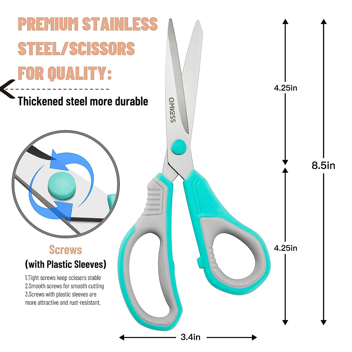 QMVESS 8.5" Scissors All Purpose 3 Pack, Ultra Sharp Multipurpose Blade Shears, Professional Ergonomic Comfort Grip Scissors for Office School Home Sewing Fabric DIY Craft Cutting General Use