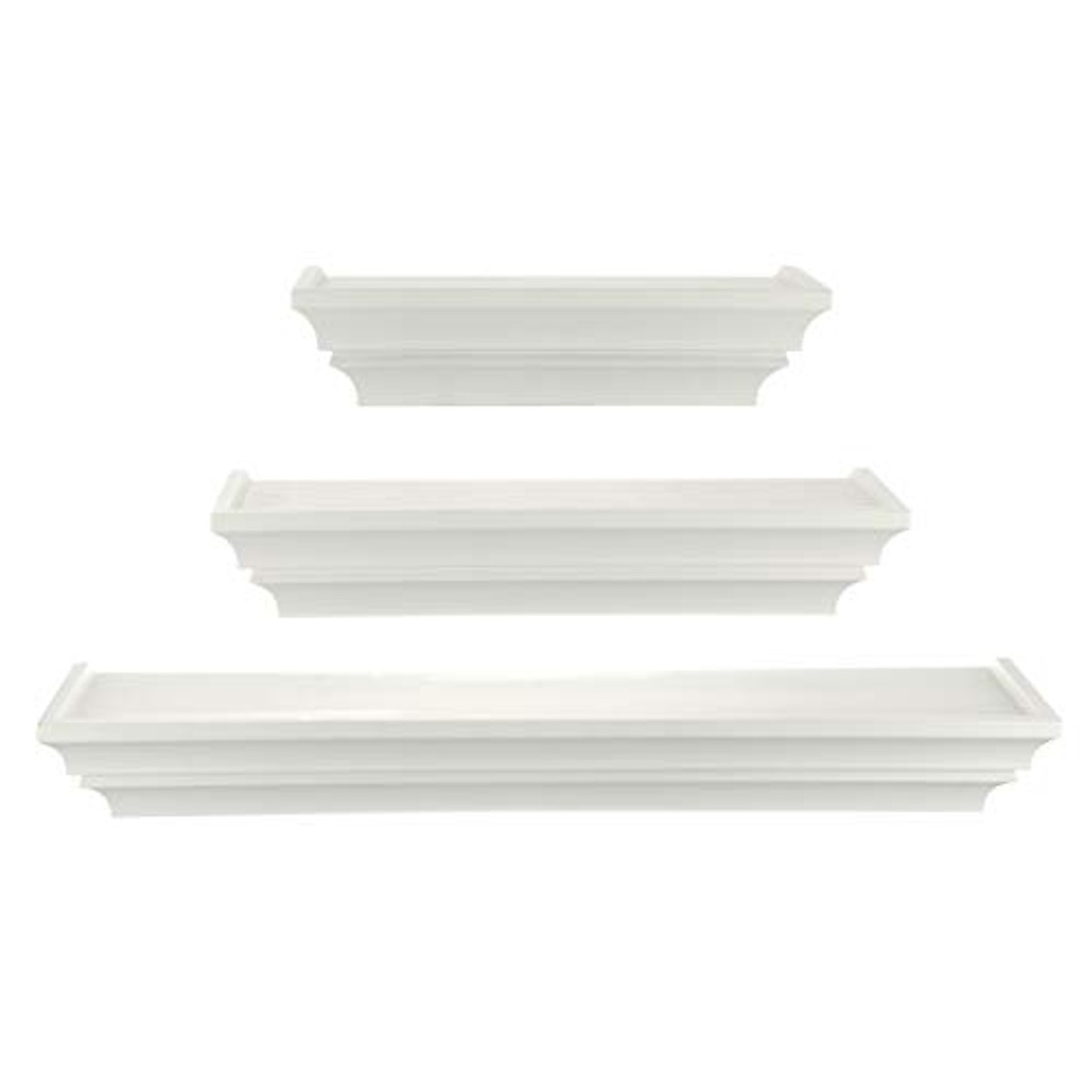 Kiera Grace Madison Classic Crown Molding Floating Wall Shelves, Robust Engineered Wood, Easy Assembly, Ideal for Home Decor, 12" / 16" / 24", White, Set of 3