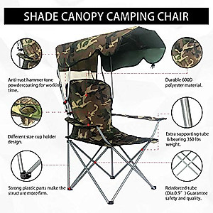 BDL Camp Chairs with Shade Canopy Chair Folding Camping Recliner Support 380 LBS， with A Cup Holders and Carry Bag, for Outdoor Beach Camp Park Patio