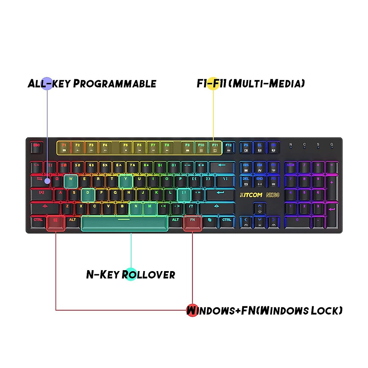 PC Gaming Keyboards RGB Backlit Mechanical Keyboard ABS keycap Programmable Macro Detachable USB Wired Keyboard for Windows PC（104 Keys Blue Switch