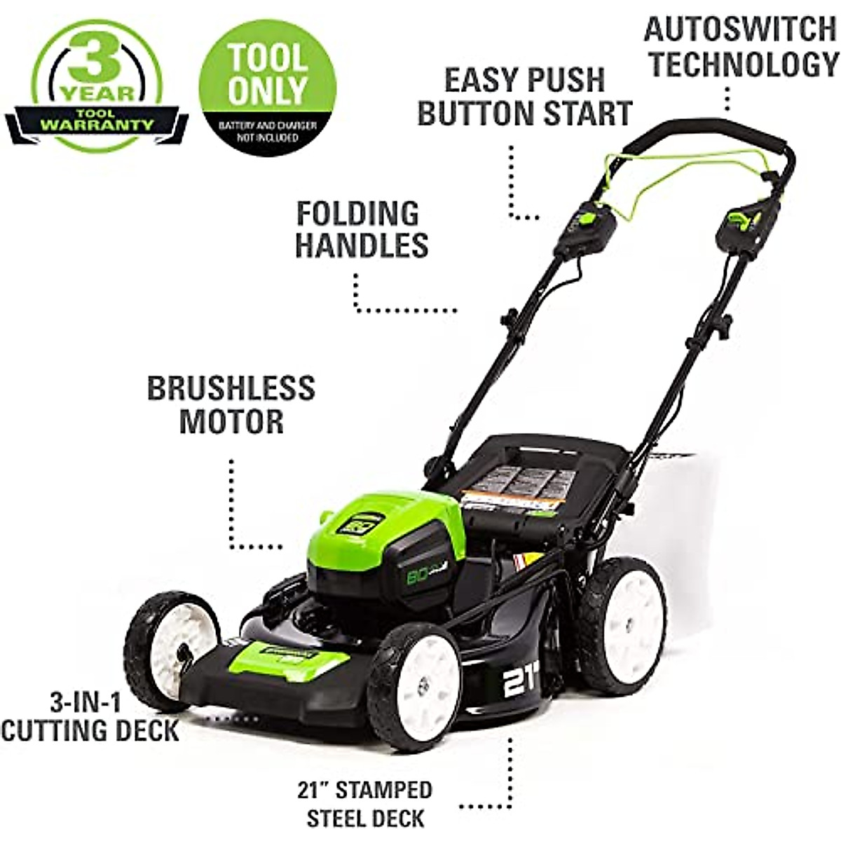Greenworks Pro 21-Inch 80V Self-Propelled Cordless Lawn Mower, Tool-Only, MO80L00 & Pro 80V 20-Inch Snow Blower with 2Ah Battery and Charger