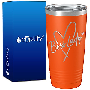Boss Lady Big Heart Tumbler Birthday Gifts for Women, Coworker, Boss on Orange 20 oz Stainless Steel Insulated Cup with Lid - Travel Mug for Mom