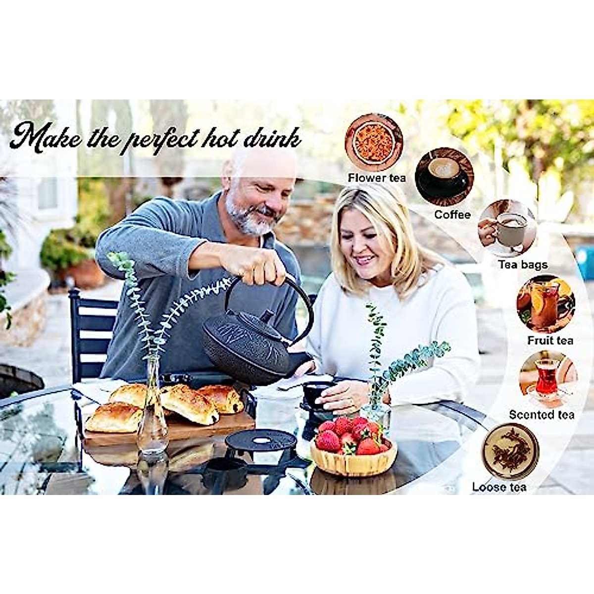 XXL Cast Iron Teapot Xtra Large Capacity 85Oz/2500ml with Trivet and Loose Leaf Tea Infuser, Large Cast Iron Teapot Kettle Stovetop Safe. Tetsubin Coated with Enamel Interior - Big Teapot Black