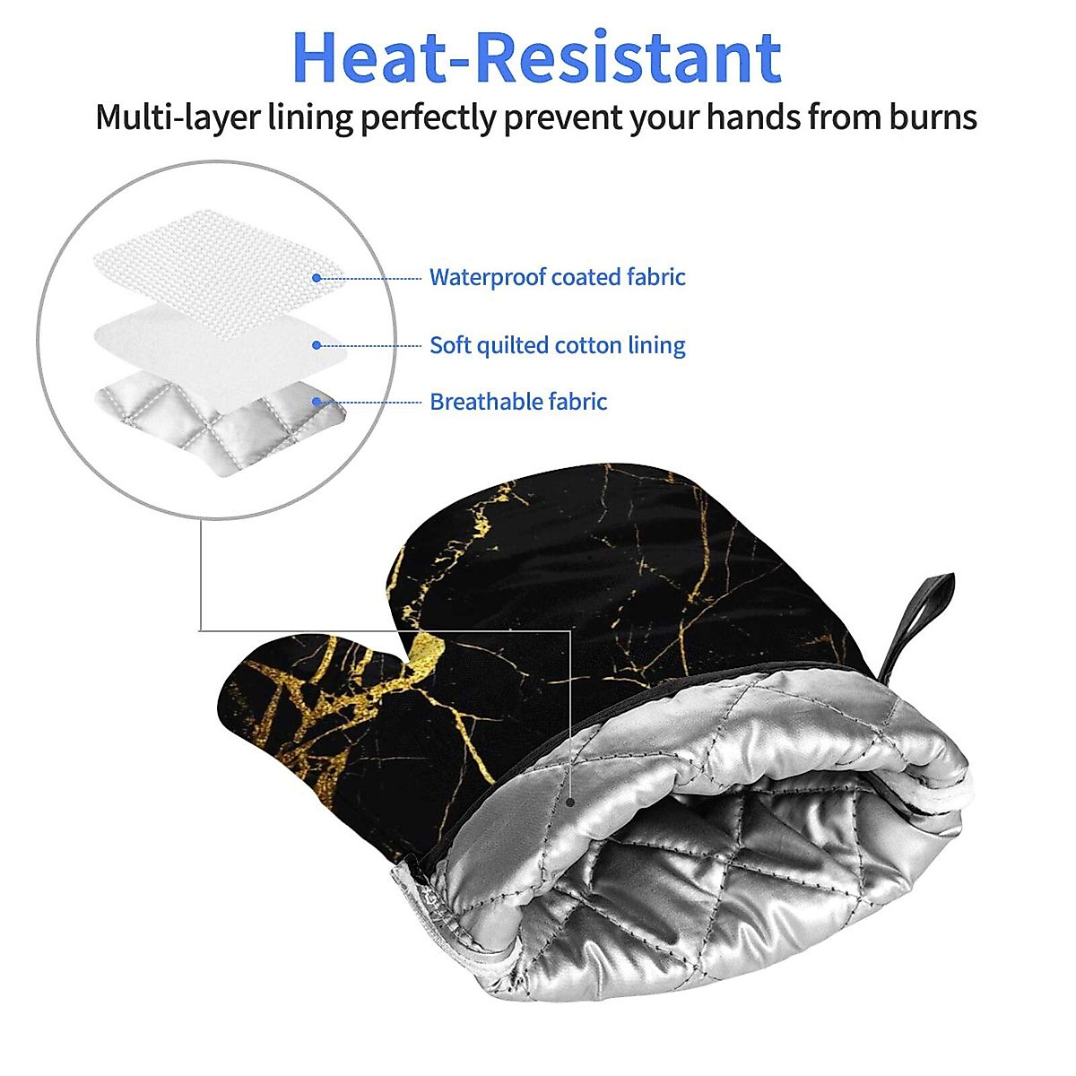 Black Gold Marble Oven Mitts Waterproof Non Slip Heat Resistant Kitchen Gloves for Baking Cooking Grilling BBQ