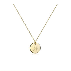 Befettly Constellation Necklace Pendant 14K Gold-Plated Hammered Round Disc Engraved Star Sign Pendant 17.5’’ Adjustable Dainty Necklace NK-Pisces