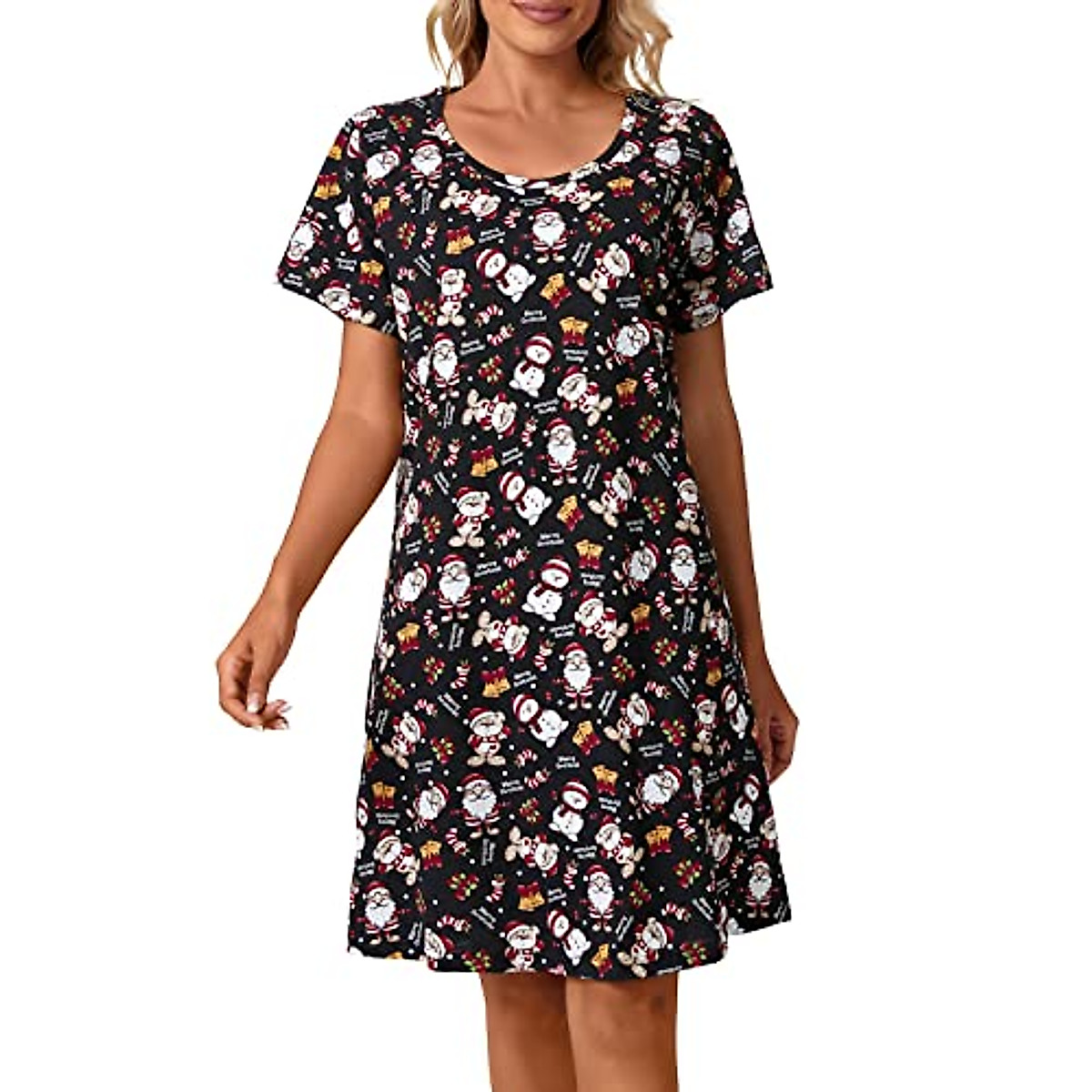 Tugege Women's Nightgown Short Sleeve Sleepshirts House Dress Sleepwear Casual Print Pajama (Christmas Snowman, Medium)
