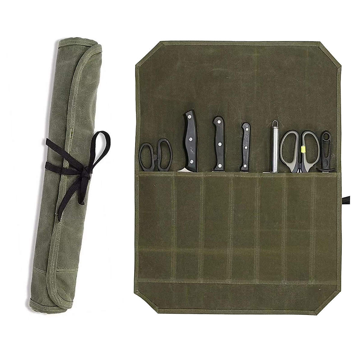 Senvitate Knife Roll, Waxed Canvas Chef's Knife Roll Bag, 7 Knife Slots for Cutlery Knives and Kitchen Utensils, Knife Storage Case Knife Carrier Perfect for the Traveling Chef (Army Green)