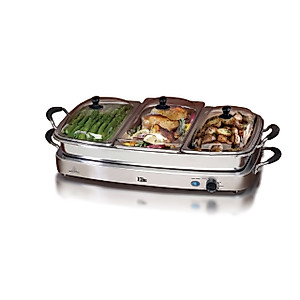 Elite Gourmet EWM-9933 Triple 3 x 2.5 Quart Trays Buffet Server 7.5 Qt Oven Safe Pan Food Warmer, Temperature Control, Clear Slotted Lids, Perfect for Parties, Entertaining & Holidays, Stainless Steel
