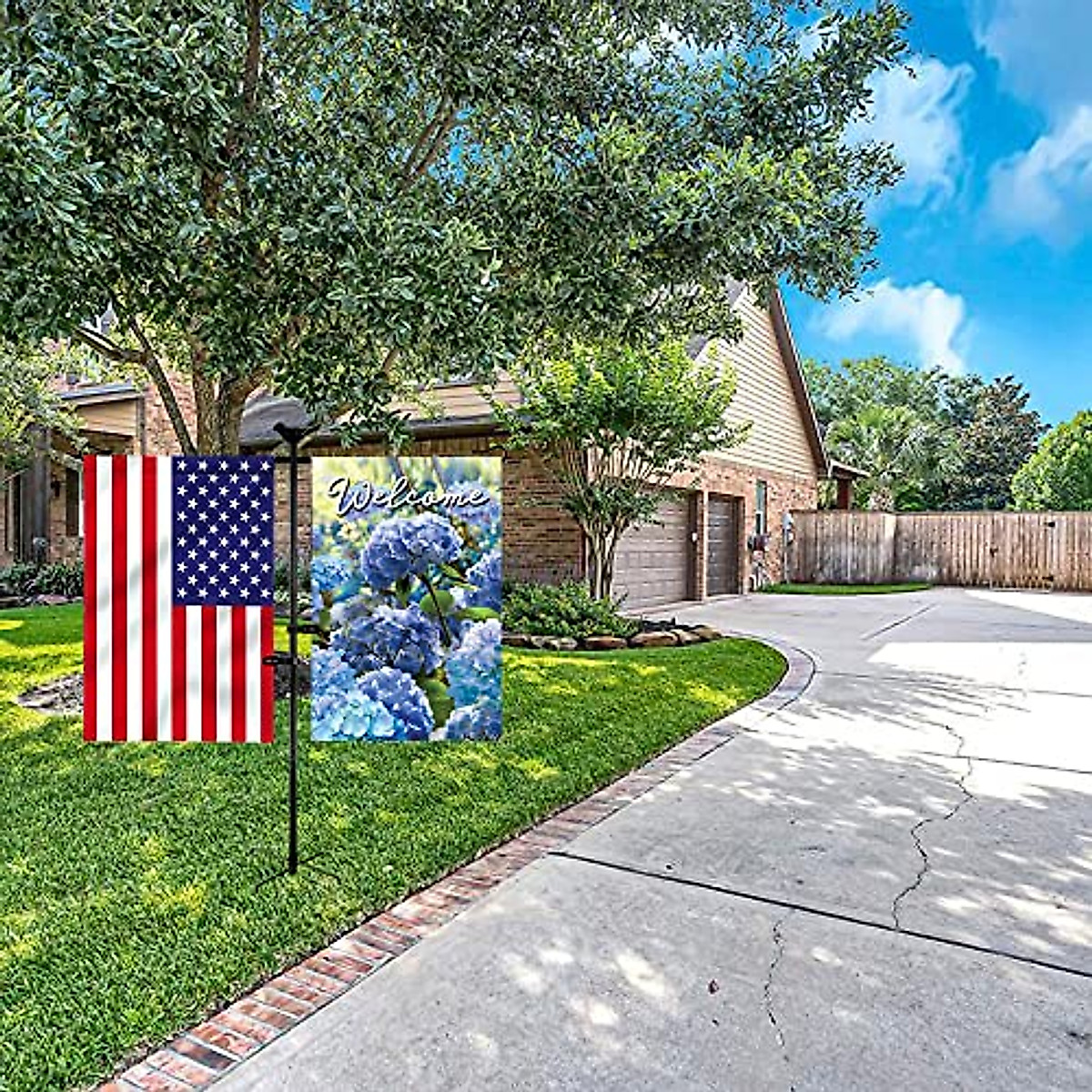 Upgraded 47 Inch Garden Flag Stand Holder Pole for Double Flags with 5 Prong Bases and Anti-Wind Clip for 12" x 18" Yard Flags Décor, Outdoor Iron Yard Flag Pole Garden Double Flags Holder