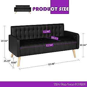 TYBOATLE 57" W Modern Striped PU Leather Loveseat Sofa w/ 2 USB Charging Ports, Mid Century Couch for Small Space Configuration, Living Room, Office, Apartment, Dorm, Black