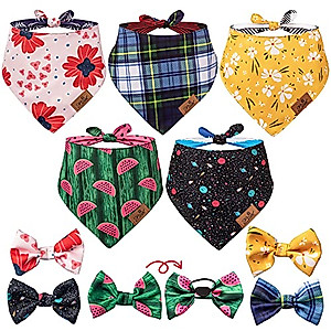 Pawsh Bandanas for Dogs – 10 Pack Handmade Reversible Pet Bandana for Dogs & Cats with Matching Bow or Bow Tie – Adjustable, Soft Dog Scarf Triangle Bibs for Small, Large & Extra Large Breeds