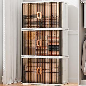 LEHOM Lidded Home Storage Bins - 9.16 Gal Stackable Closet Organizers with Lockable Doors, Plastic Collapsible Storage Container Box on Wheels for Clothing, Book, Bedding, 3 Pack