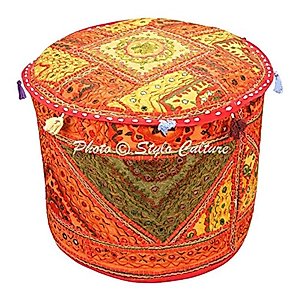 Stylo Culture Ethnic Pouf Cover Round Indian Embroidered Mirror Patchwork Pouffe Ottoman Multicolored Cotton Abstract Traditional Furniture Footstool Seat Puff (22x22x14) Bean Bag Living Room Decor