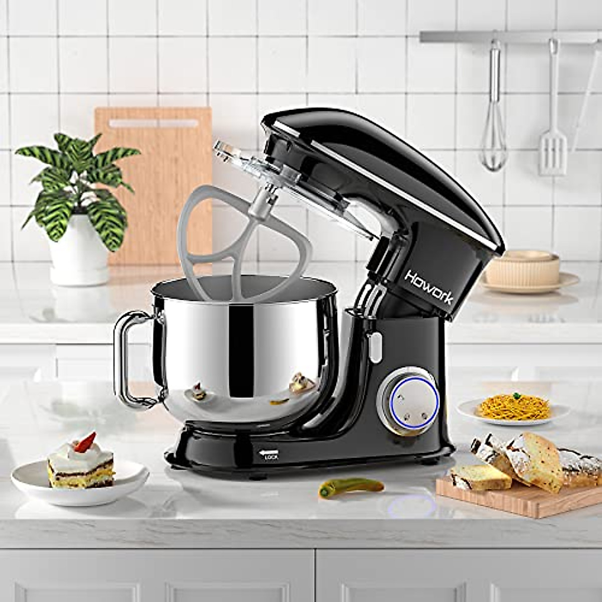 HOWORK 8.5QT Stand Mixer, 660W 6+P Speed Tilt-Head, Electric Kitchen Mixer With Dishwasher-Safe Dough Hook, Beater, Wire Whip & Pouring Shield (8.5 QT, Black)