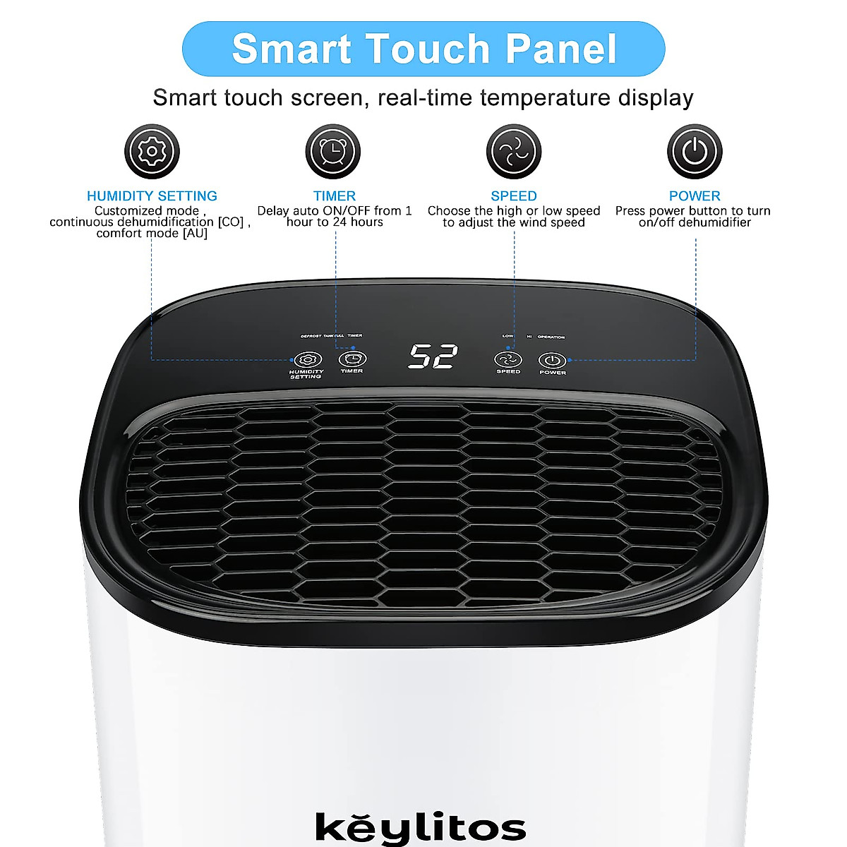 Keylitos 12L Day Dehumidifiers for Home and Basements,Quiet Dehumidifier with Drain Hose, with Digital Humidity Display, Auto or Manual Drainage for Large Room, Garage, Bedroom, Bathroom