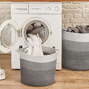 Laundry Basket Organizing,Kid Laundry Hamper, Decorative Woven Cotton Rope Basket, Blanket Basket for Storage, Baby and Dog Toy Storage Baskets Bin, Towel Basket, 4-Tone Dark Gray, 2PCS, 15.4" x14.2"