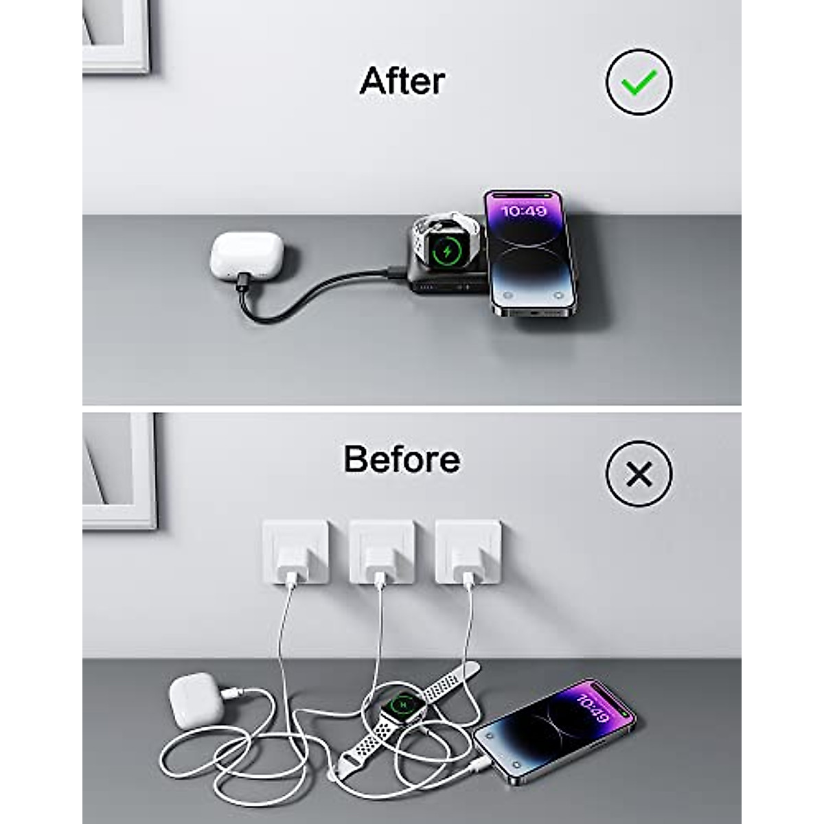 VRURC Wireless Portable Charger, 10000mAh Magnetic Power Bank, 3 in 1 Charger, 22.5W Fast Charing Battery Pack, 3 inputs 4 outputs Compatible with iPhone 15/14/13, iWatch 8/7/6, AirPods Pro/2 - Black