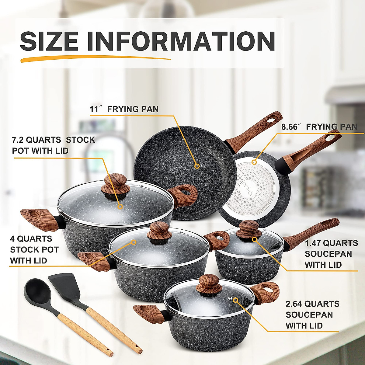 Prikoi Induction Cookware Set, Non Stick Granite Pots and Pans Set for Stove, 12 Pieces,Dishwasher Safe