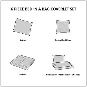 Madison Park Essentials Saben Cozy Bed in A Bag Reversible Quilt with Complete Cotton Sheet Set-Geometric Design All Season Cover, Decorative Pillow, Twin(68"x86"), Stripes Aqua 6 Piece