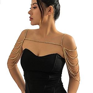 Summer Beach Punk Shoulder Body Chain Multi-Layered Back Chain Bikini Metal Tassel Arm Chain Statement Bridal Wedding Backdrop Necklace Body Chain Jewelry for Women