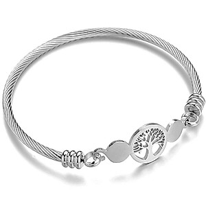 Jude Jewelers Stainless Steel Cable Wire Tree of Life Charm Bracelet Bangle (Silver)