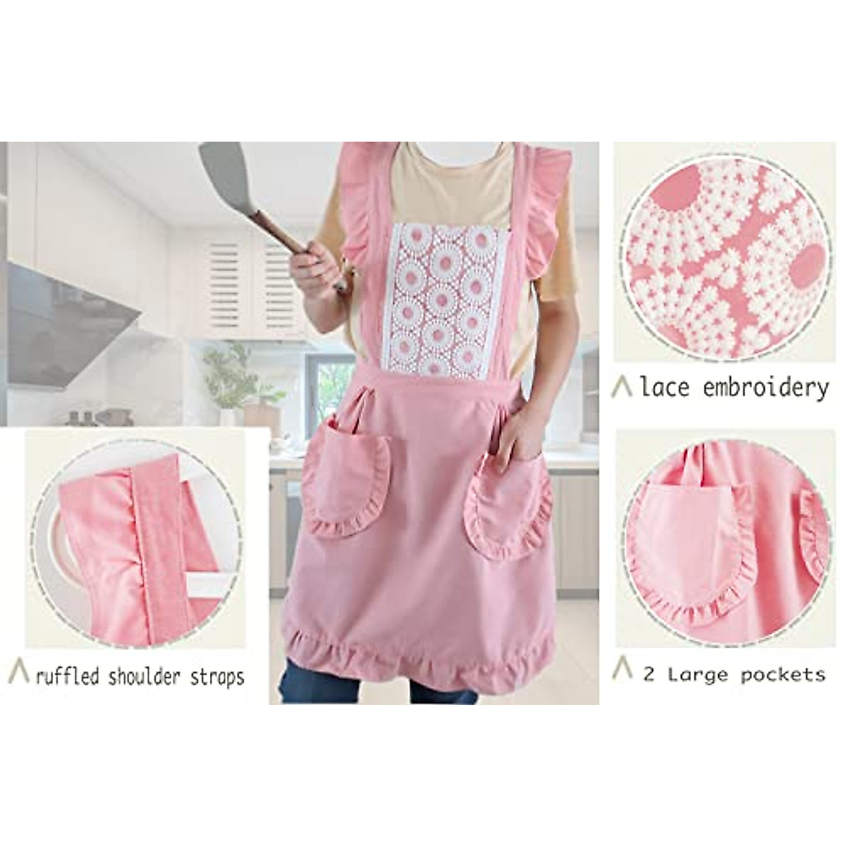 Cute Retro Apron Vintage Ruffle Kitchen Cooking Apron with Pockets for Women Pink