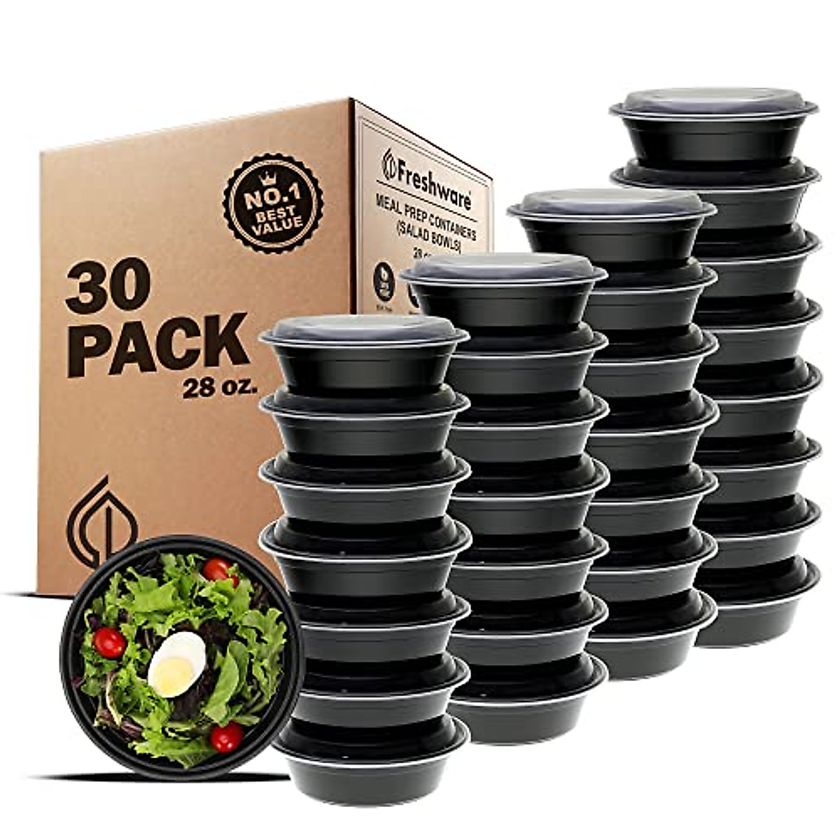 Freshware Meal Prep Bowl Containers [30 Pack] Plastic Bowls with Lids for Soup and Salad, Food Storage Bento Box, BPA Free, Stackable, Lunch Boxes, Microwave/Dishwasher/Freezer Safe (28 oz)