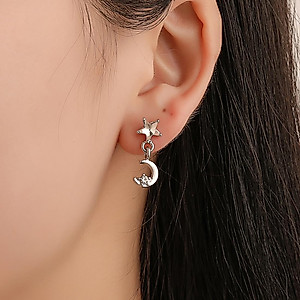 SLUYNZ 925 Sterling Silver CZ Crystal Star Moon Studs Earrings for Women Sparkling Asymmetric Studs Earrings (Star Moon Earrings)