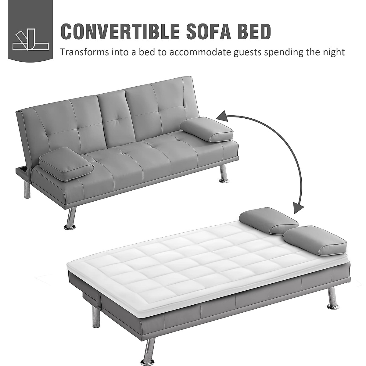 Ucloveria Futon, Multifunctional Foldable Recliner Sleeper Sofa w/ 2 Cup Holders, Loveseat Daybed Guest Bed for Compact Living Spaces, Apartments, Dorms, w/Removable Armrests, Gray(Faux Leather)