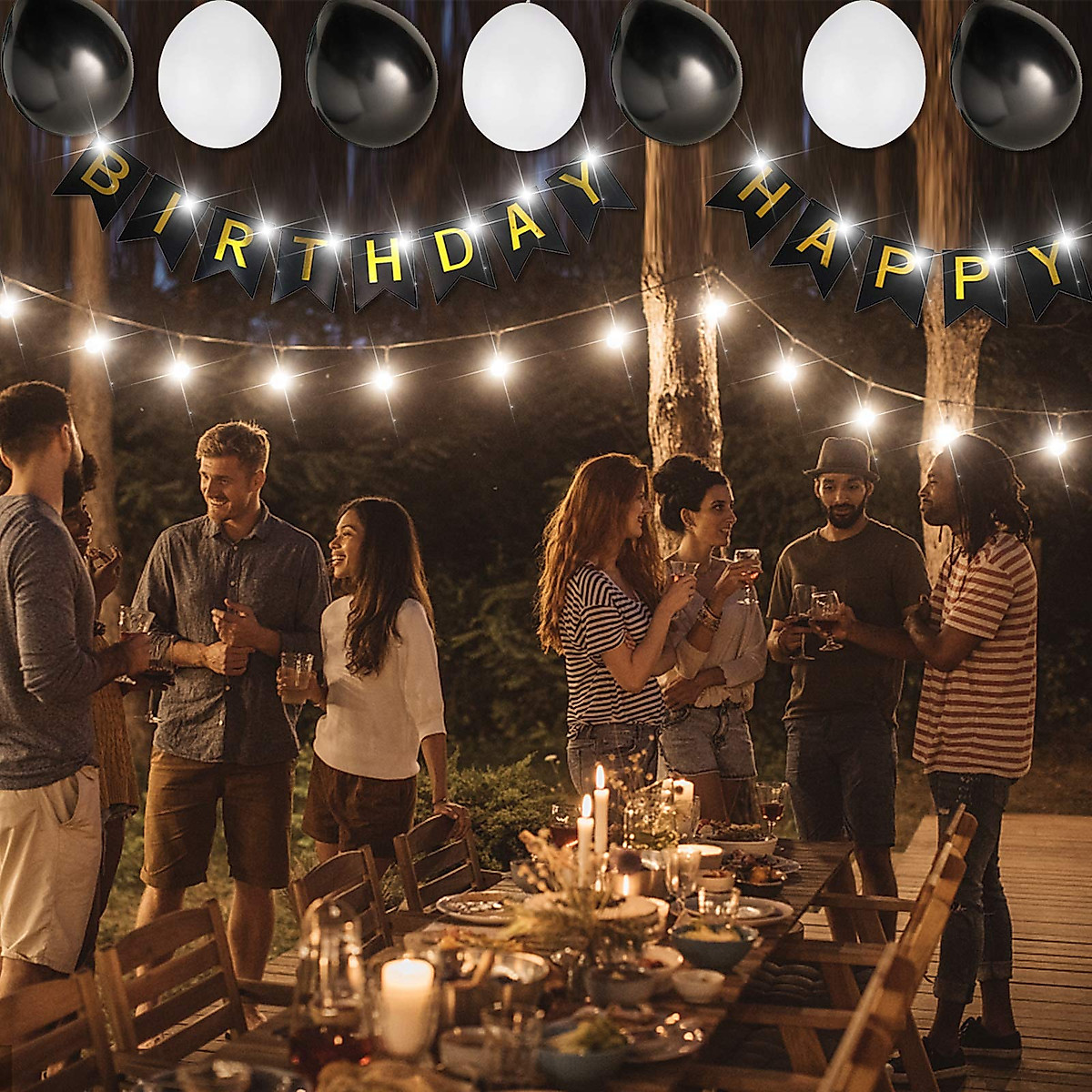 GoGoGoodie Birthday Decorations for Adult, String Light Party Decoration kit Black and White Balloons Perfect for Men and Women Birthday