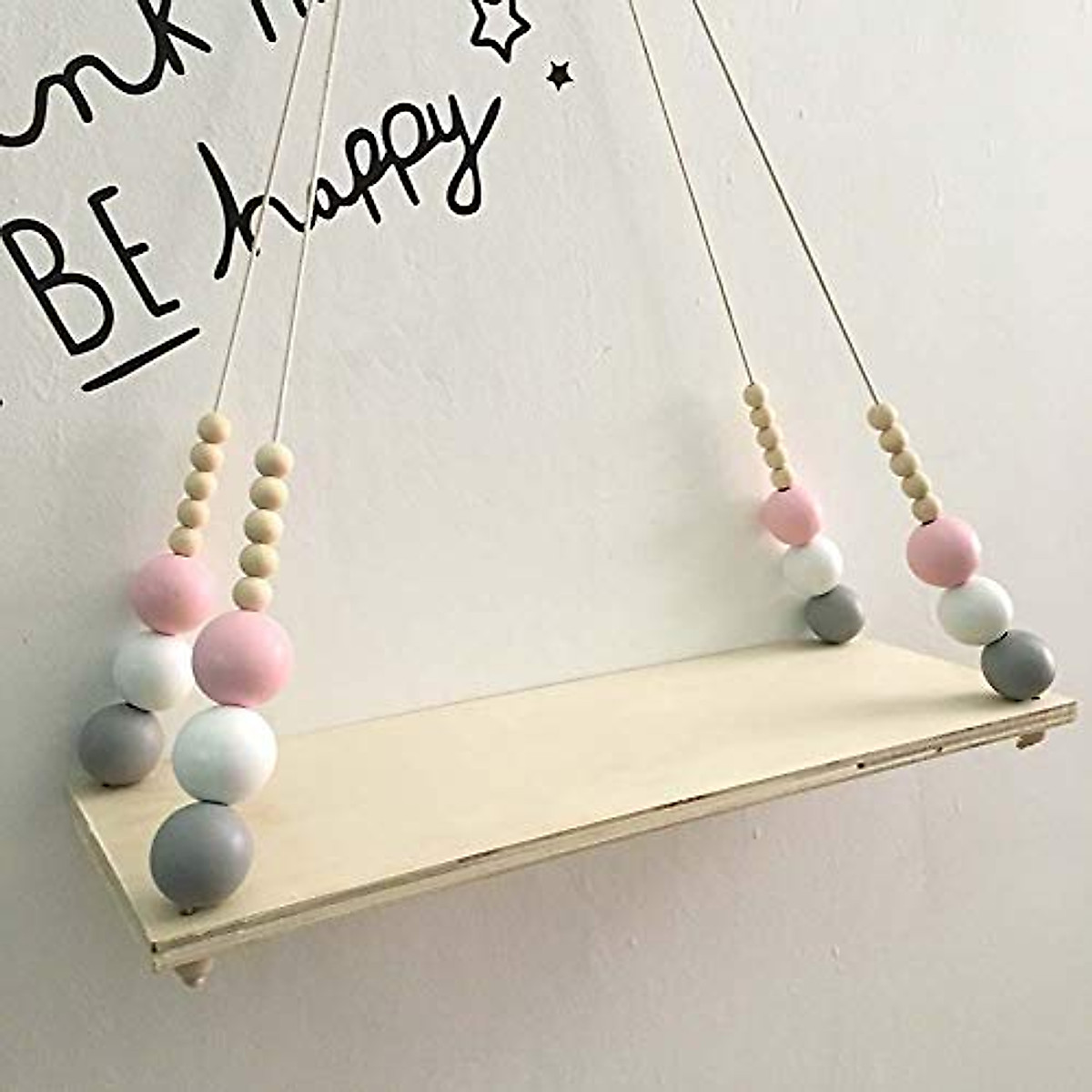 Baost Nordic Wood Beads Wall Hanging Shelf Board Wood Jute Rope Floating Shelves Hanging Storage Shelves Kids Room Nursery Wall Display Shelves Bedroom Organizer Pink White Grey