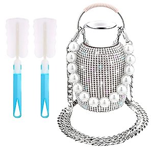 GENDLTHIJ Diamond Water Bottle Bling Stainless Steel Thermal Bottle, Colorful Vacuum Flask Refillable Insulated Water Bottle with Chain Glitter Water Bottle with Pearl Bracelet for Women Girl (Silver)