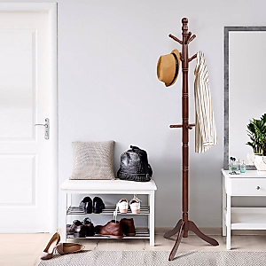 Tangkula Wood Coat Rack Freestanding, Entryway Height Adjustable Coat Stand with 9 Hooks & Stable Tri-Legged Base, Rubber Wood Coat Tree Hall Tree Coat Hanger Stand for Home Office Hall Entryway