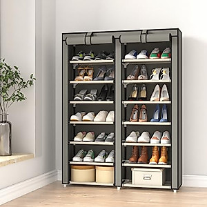 JIUYOTREE Double Row Shoe Rack Storage Organizer with Big Capacity,7-Tier Shoe Cabinet,Shelf,Closet with Nonwoven Fabric Cover for 28 Pairs of Shoes,Grey