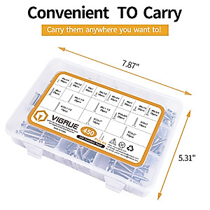 VIGRUE 450Pcs Stainless Steel Wood Screws Set #4#6#8#10#12 Phillips Flat Head Sheet Metal Screw Self Tapping Screws Assortment Kit, Length 1/4" to 2"