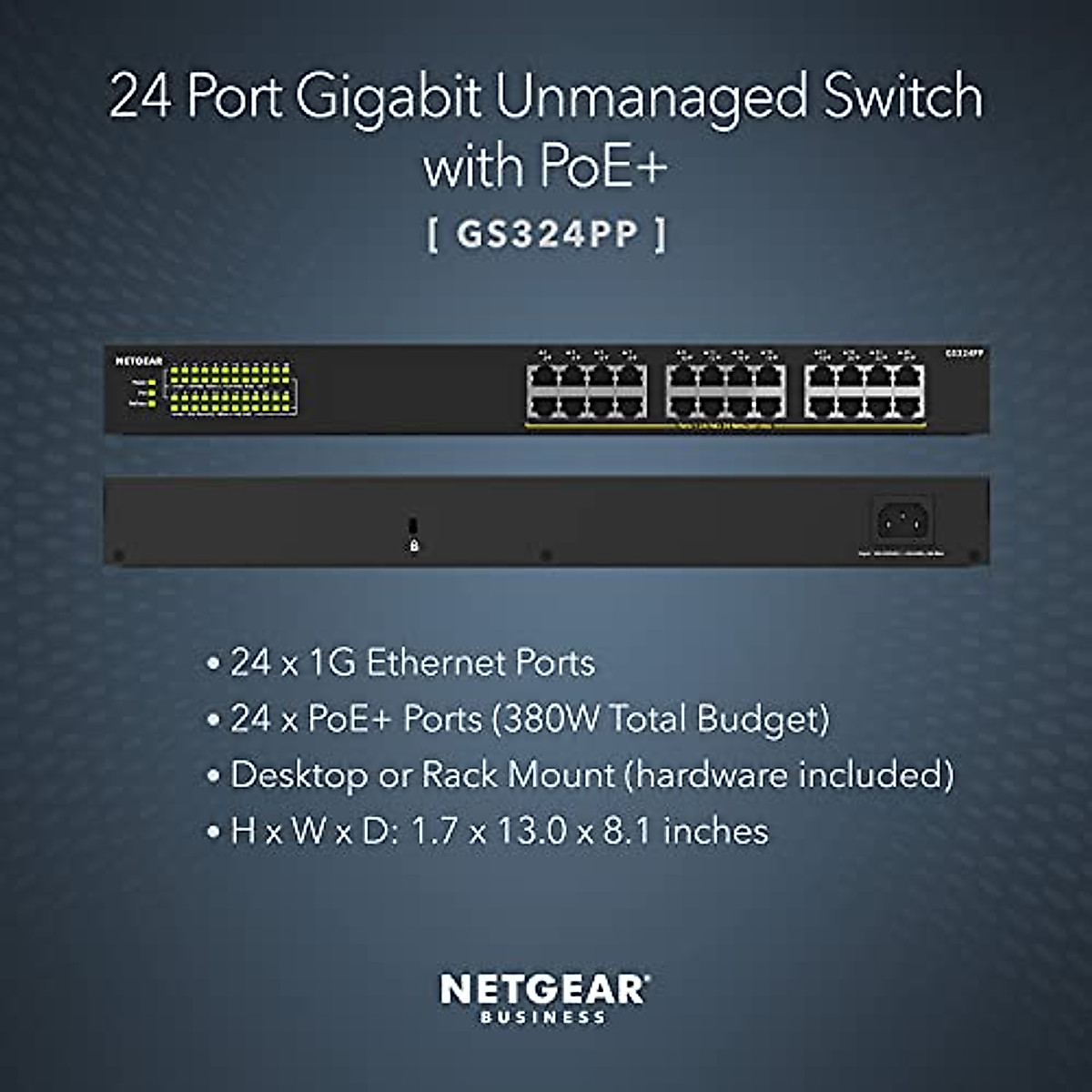 NETGEAR 24-Port Gigabit Ethernet Unmanaged PoE+ Switch (GS324PP) - with 24 x PoE+ @ 380W, Desktop or Rackmount