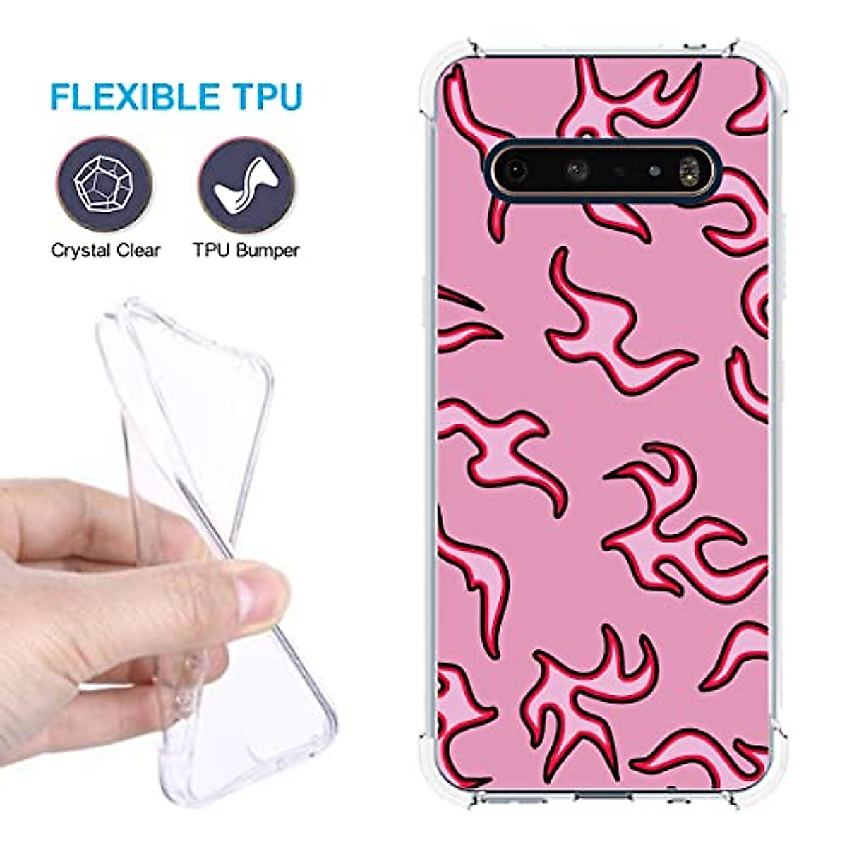 zaztify Compatible with LG V60 ThinQ/ThinQ 5G UW, Pink Spark Flame Fire Print Blaze Trendy Cute Pattern Shockproof Protective Anti-Slip Thin Slim Soft Clear Phone Case Cover Shell